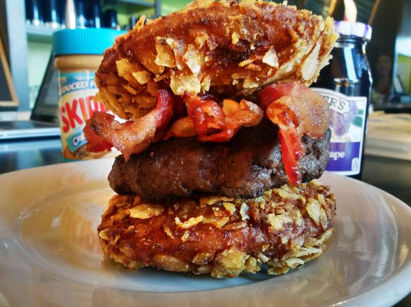 PYT Peanut Butter & Jelly Bun Burger - Deep-fried PB&J sandwiches with ...