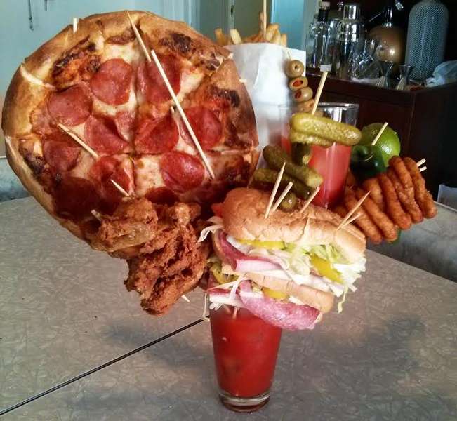 Comedian Randy Liedtke creates a Bloody Mary with whole pizza, footlong ...