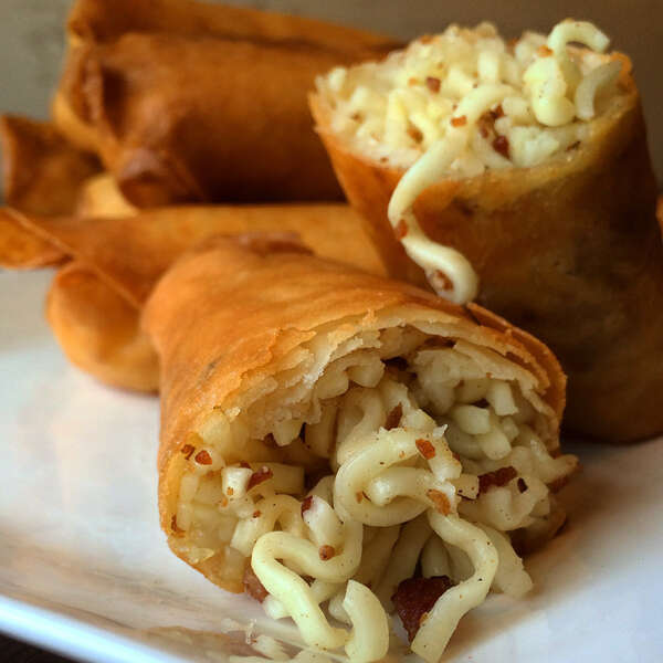 Cheddar Bacon Ramen Egg Roll Recipe by The Vulgar Chef - Thrillist