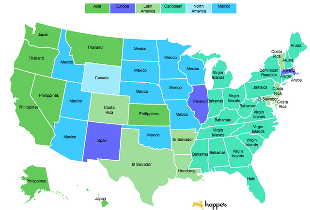 The countries most searched for in every state next to the national average
