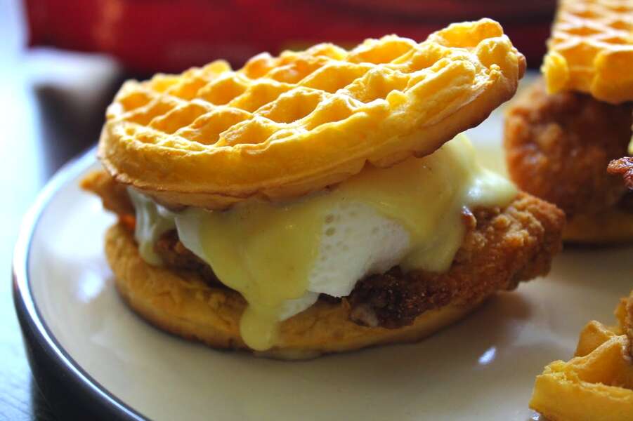 Chicken and Waffles Eggs Benedict Sandwich Recipe - Thrillist