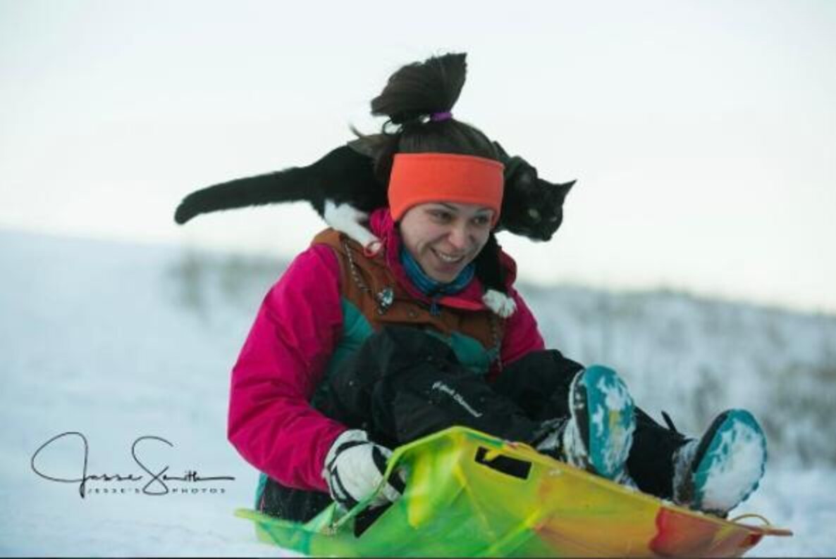 Cat Loves Sledding Down Hills On His Dad's Shoulder - The Dodo